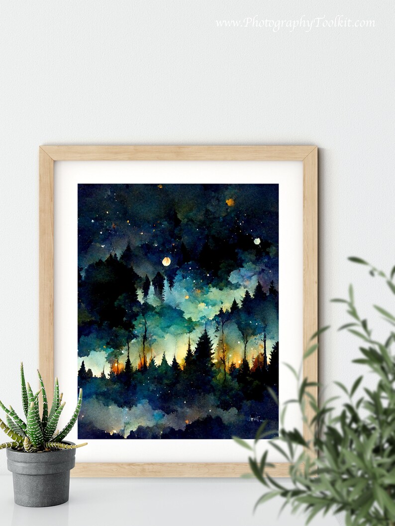 Starry Night in the Forest, Night Sky Watercolor, Starry Night Print ...