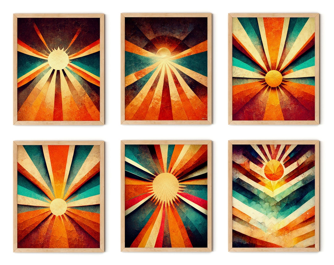 Boho Sun Print Set of 6, Sunburst Print, Boho Sun Wall Art, Sun Nursery Print, Boho Orange Blue ...