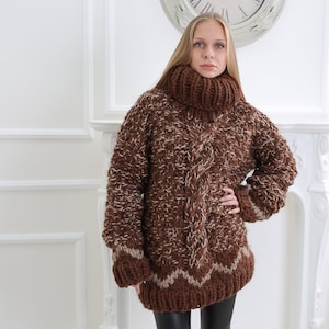 Women Wool Sweater, Chunky Knit Jumper, Brown Melange Pullover, Plus ...