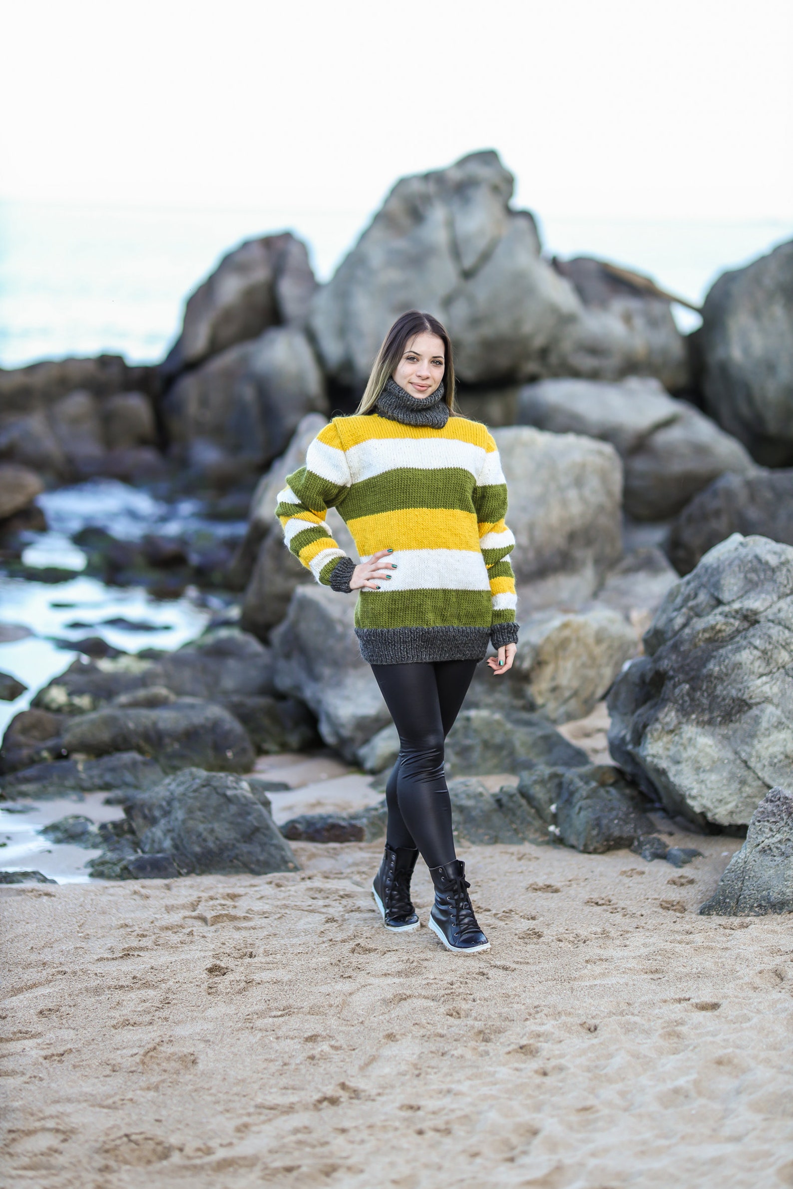Colorful Wool Sweater ,turtleneck Wool Sweater, Chunky Oversize ...