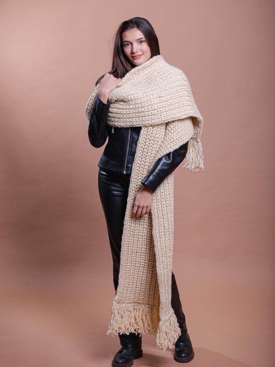 Women Beige Wool Scarf, Beige Long Scarf, Wide Wool Scarf, Hand Knitted ...