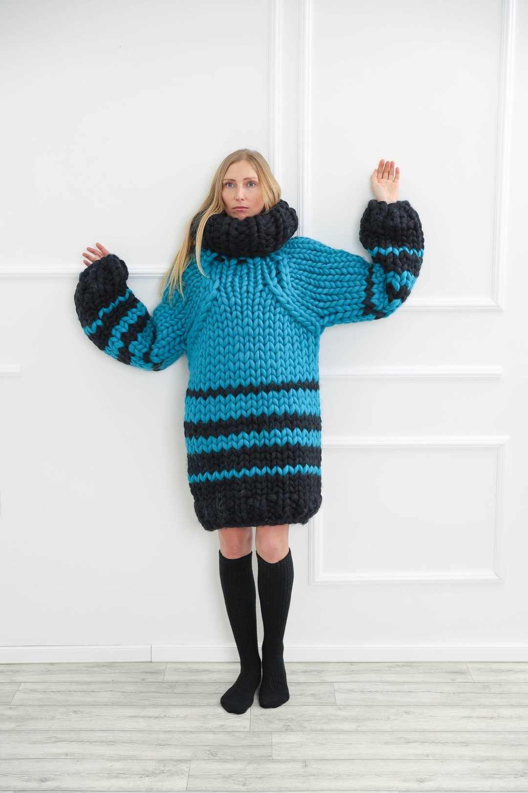 Chunky Blue Knit Sweater , Turtleneck Wool Sweater, Bulky Sweater ...