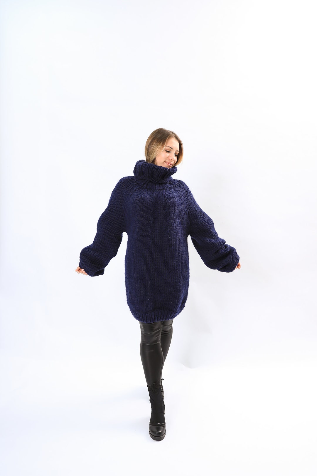 New Unisex Dark Blue Oversize Wool Sweater, Chunky Turtleneck Wool ...