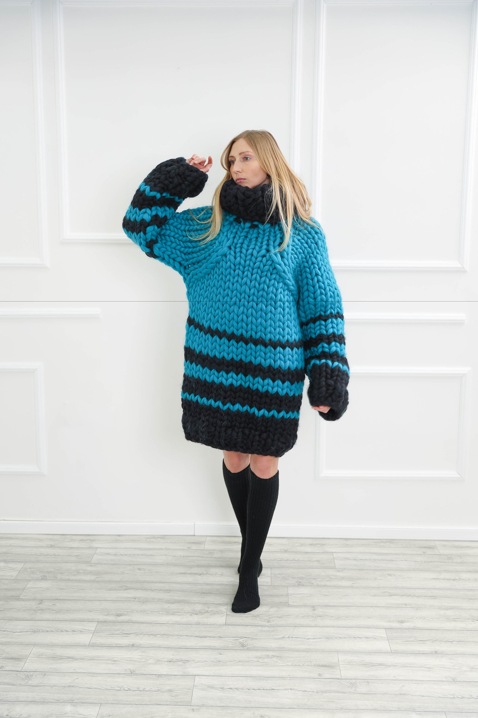 Chunky Blue Knit Sweater , Turtleneck Wool Sweater, Bulky Sweater ...