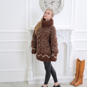 Women Wool Sweater, Chunky Knit Jumper, Brown Melange Pullover, Plus ...
