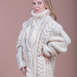 Cable Knit Sweater, Wool Turtleneck Sweater, Beige Oversize Pullover ...