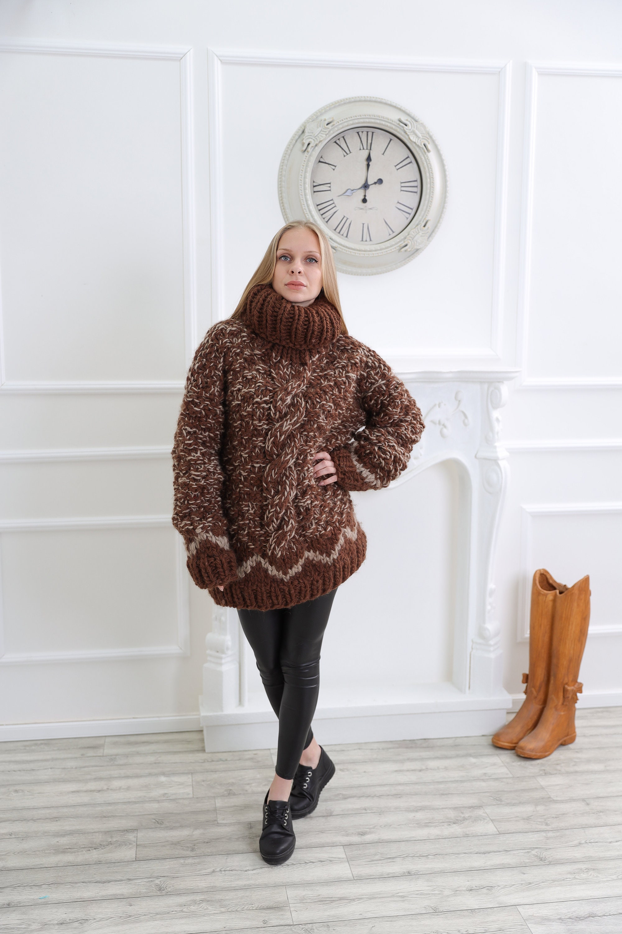 Women Wool Sweater, Chunky Knit Jumper, Brown Melange Pullover, Plus ...