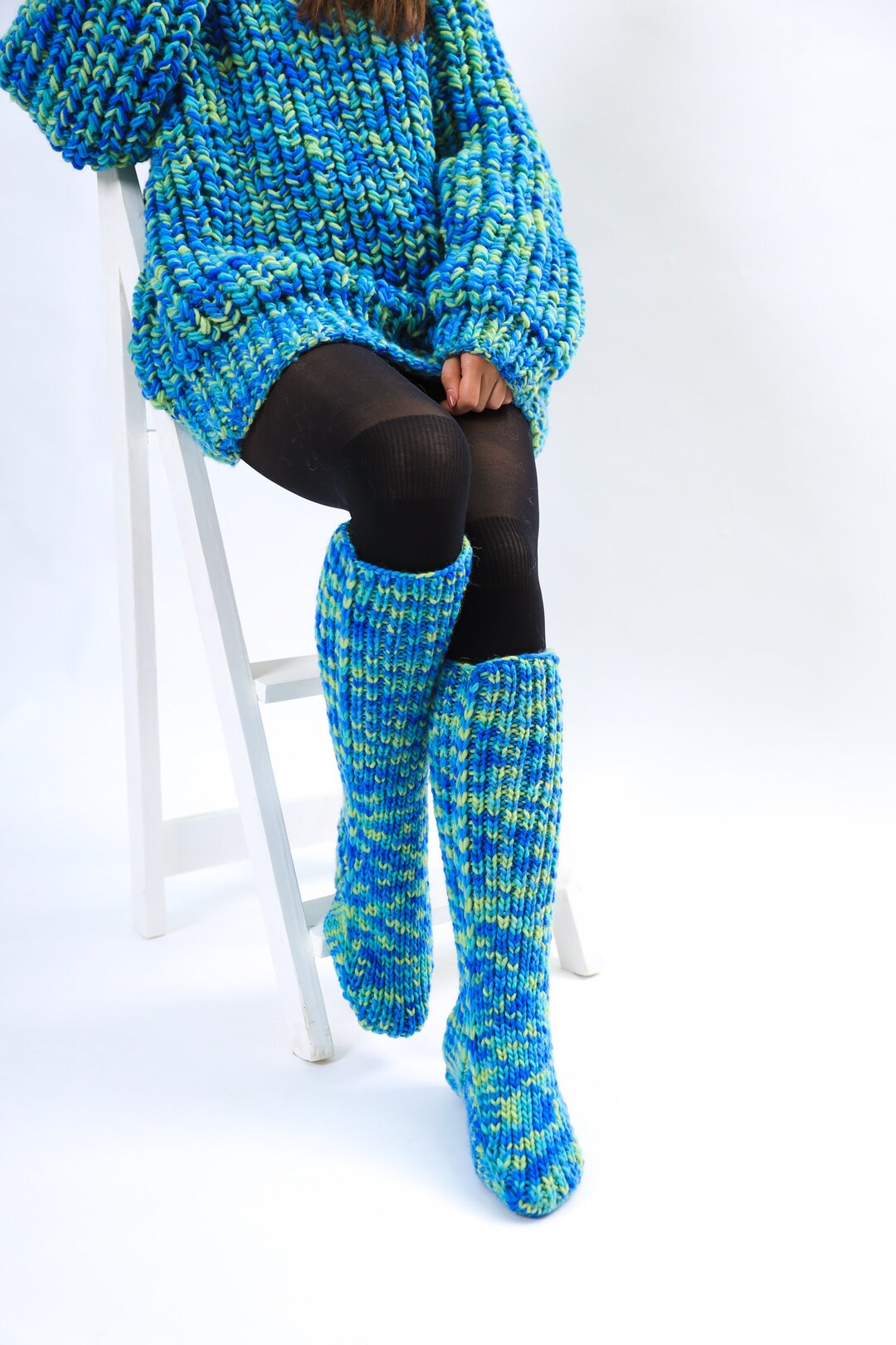 Chunky Knit Knee High House Wool Socks, Wool Hand Knitted Leg, Knit ...