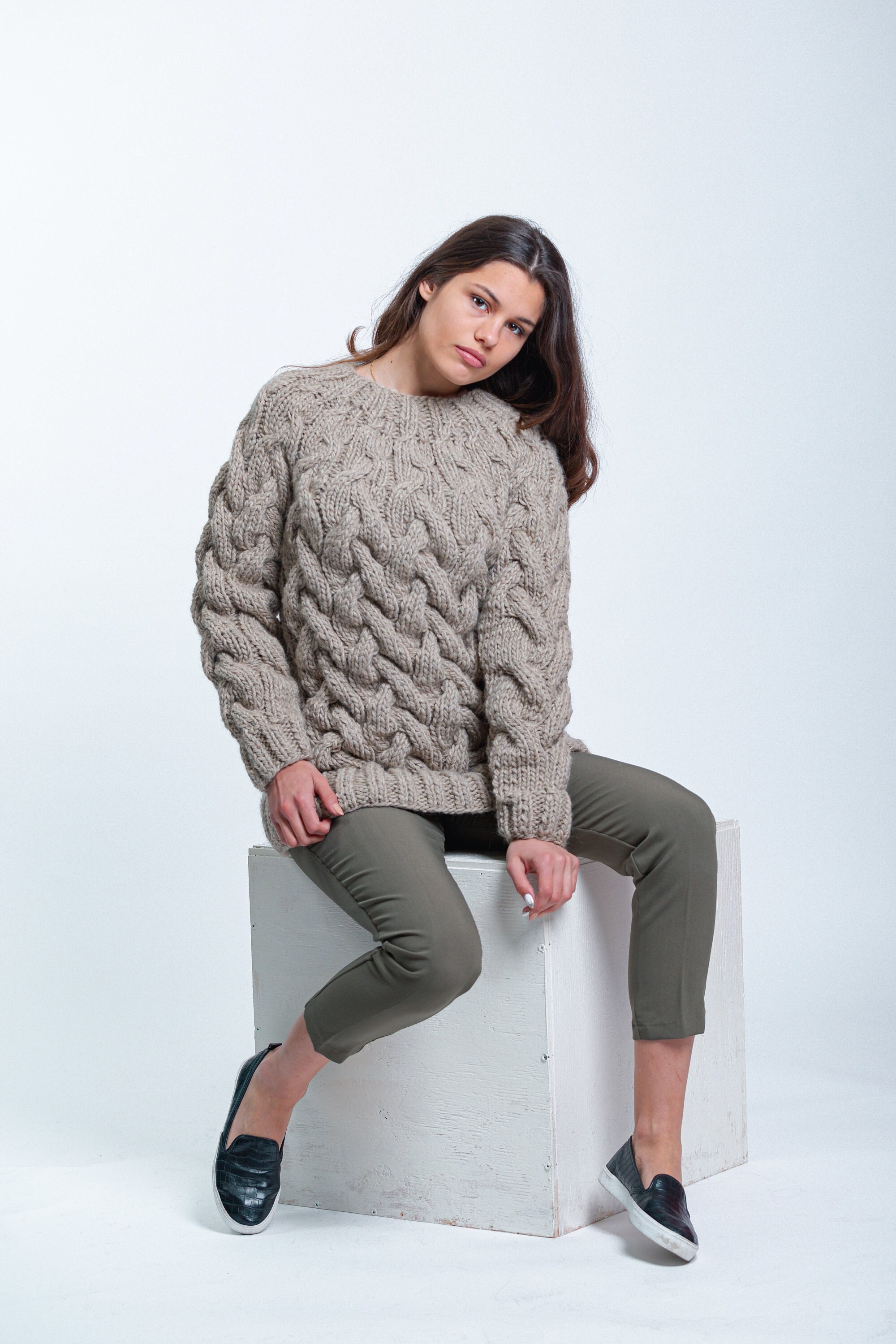 Eco Natural Wool Knit Sweater, Cable Knit Sweater, Wool Knit Pullover ...