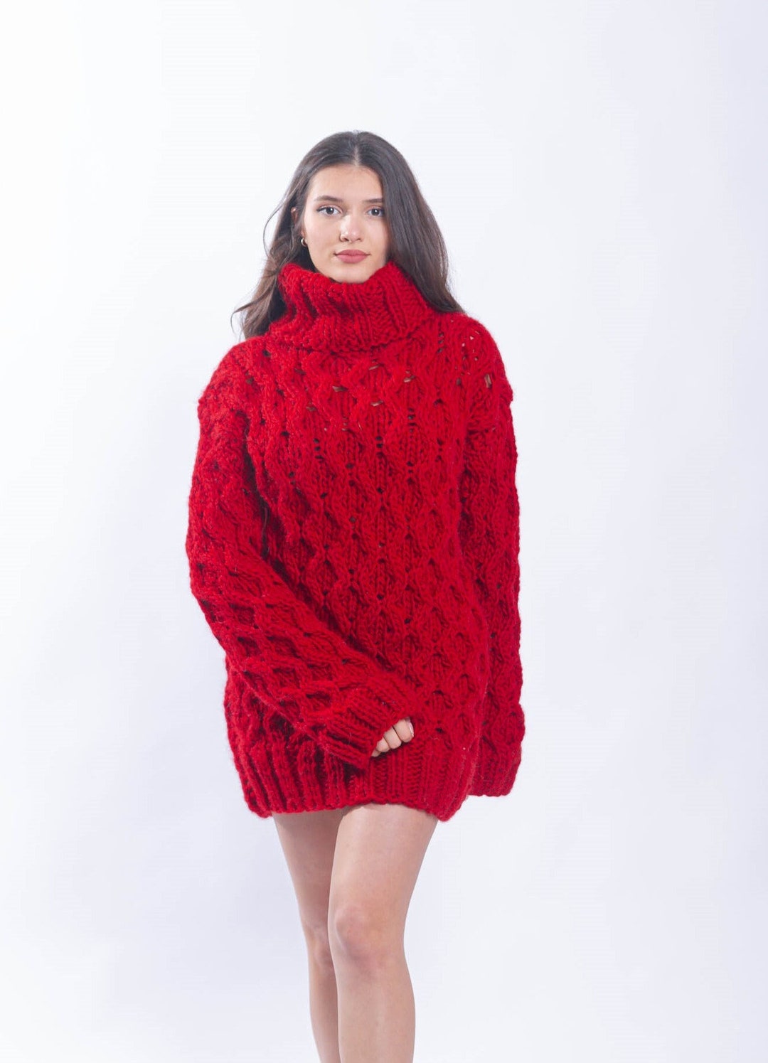 Red Unisex Cable Handmade Oversized Soft Wool Sweater by Molimarks - Etsy