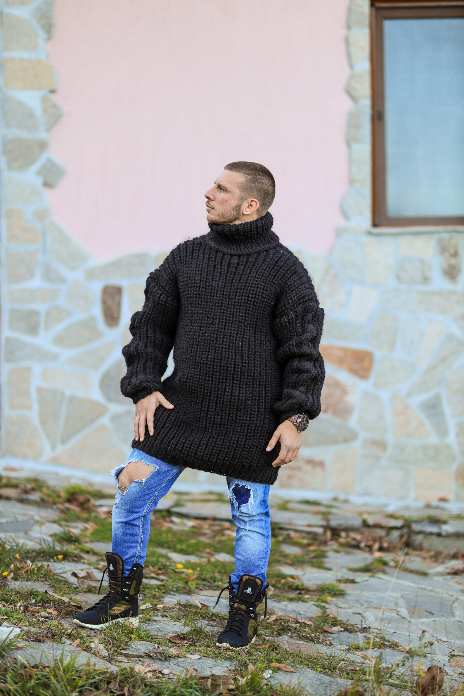 Huge Black Sweater for Man, Oversized Man Pullover, Winter Wool ...