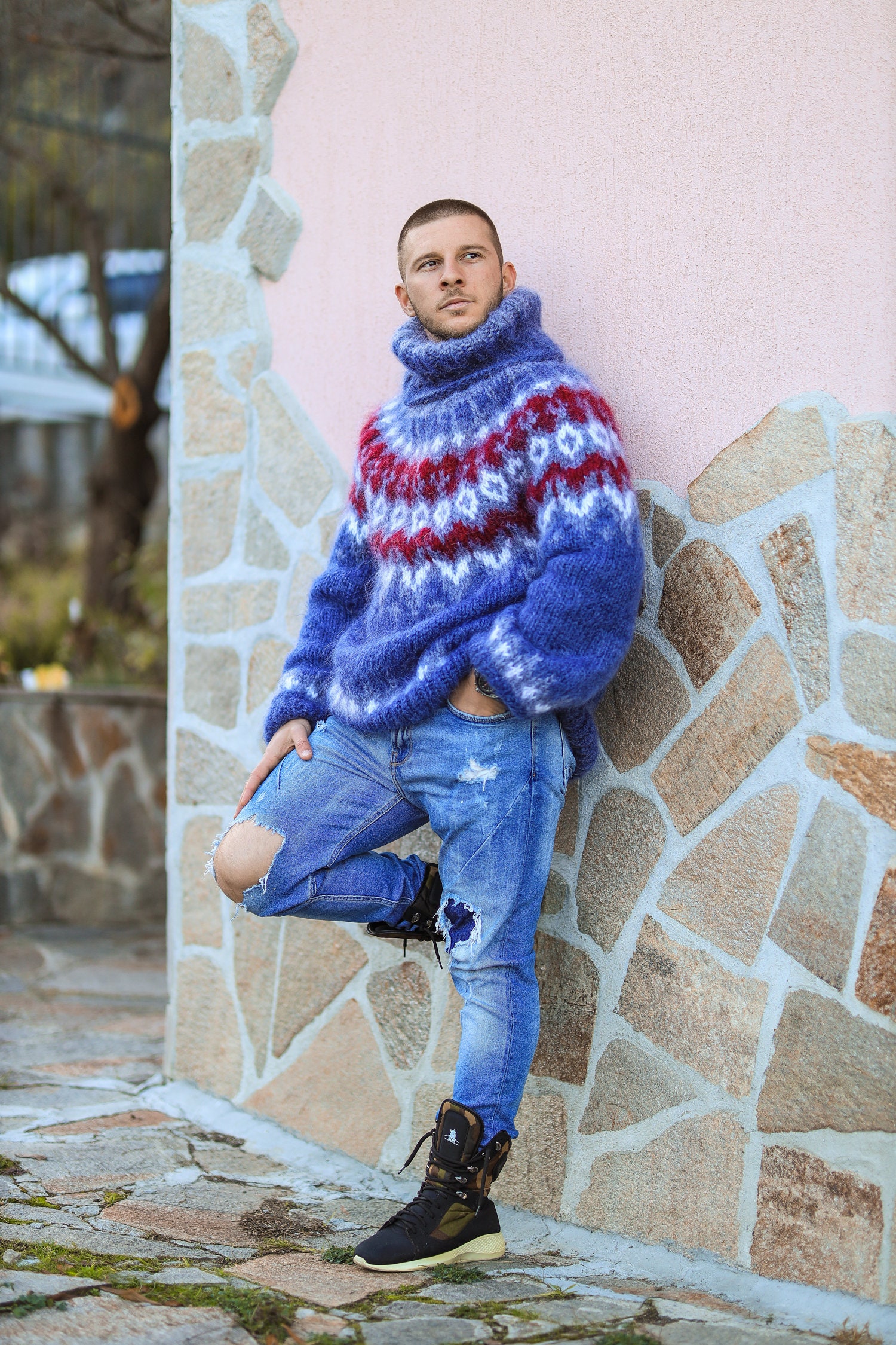 Giant Chunky Man Sweater, Winter Turtleneck Pullover for Man, Icelandic ...