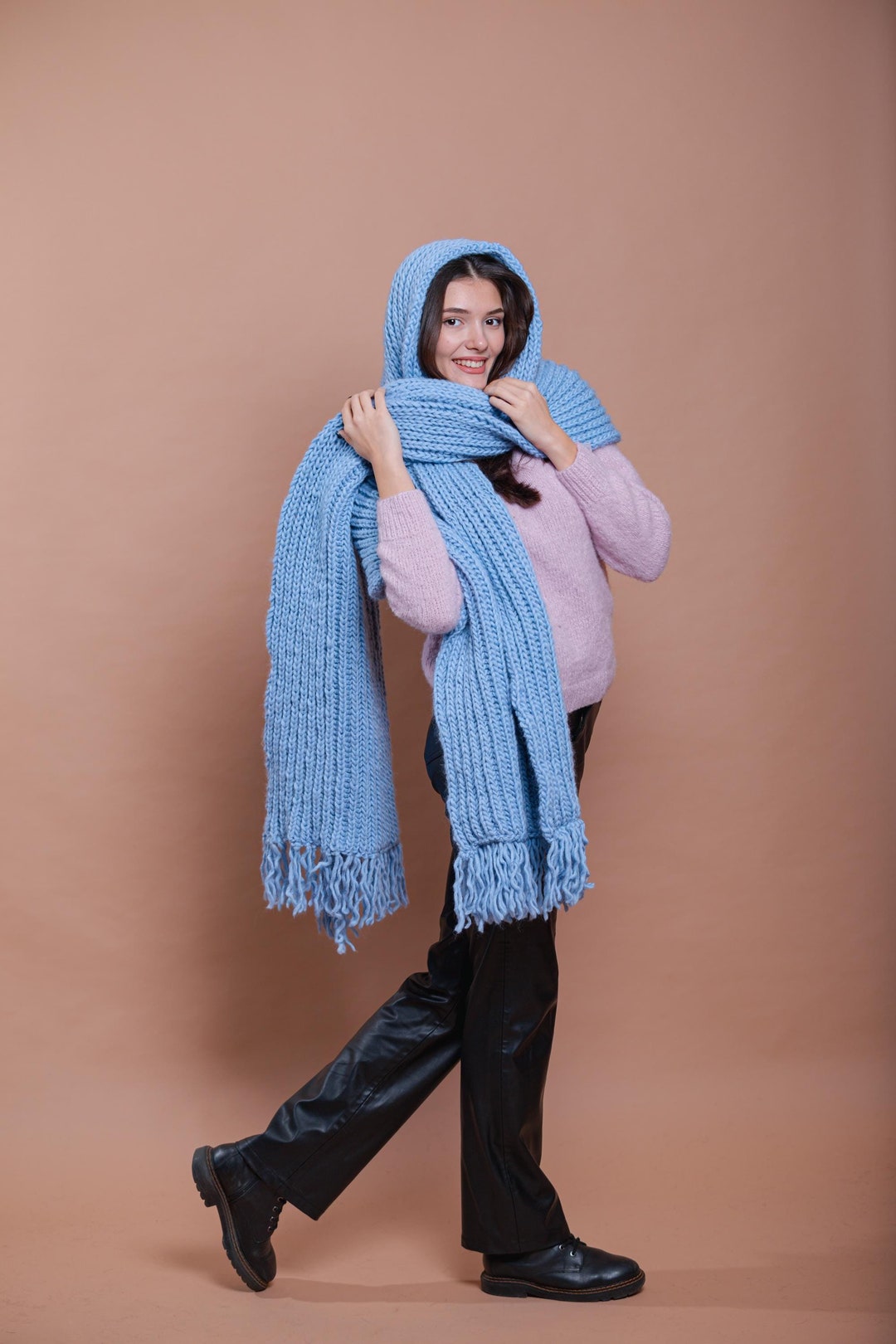 Ready to Ship Women Blue Wool Scarf, Beige Long Scarf, Wide Wool Scarf ...