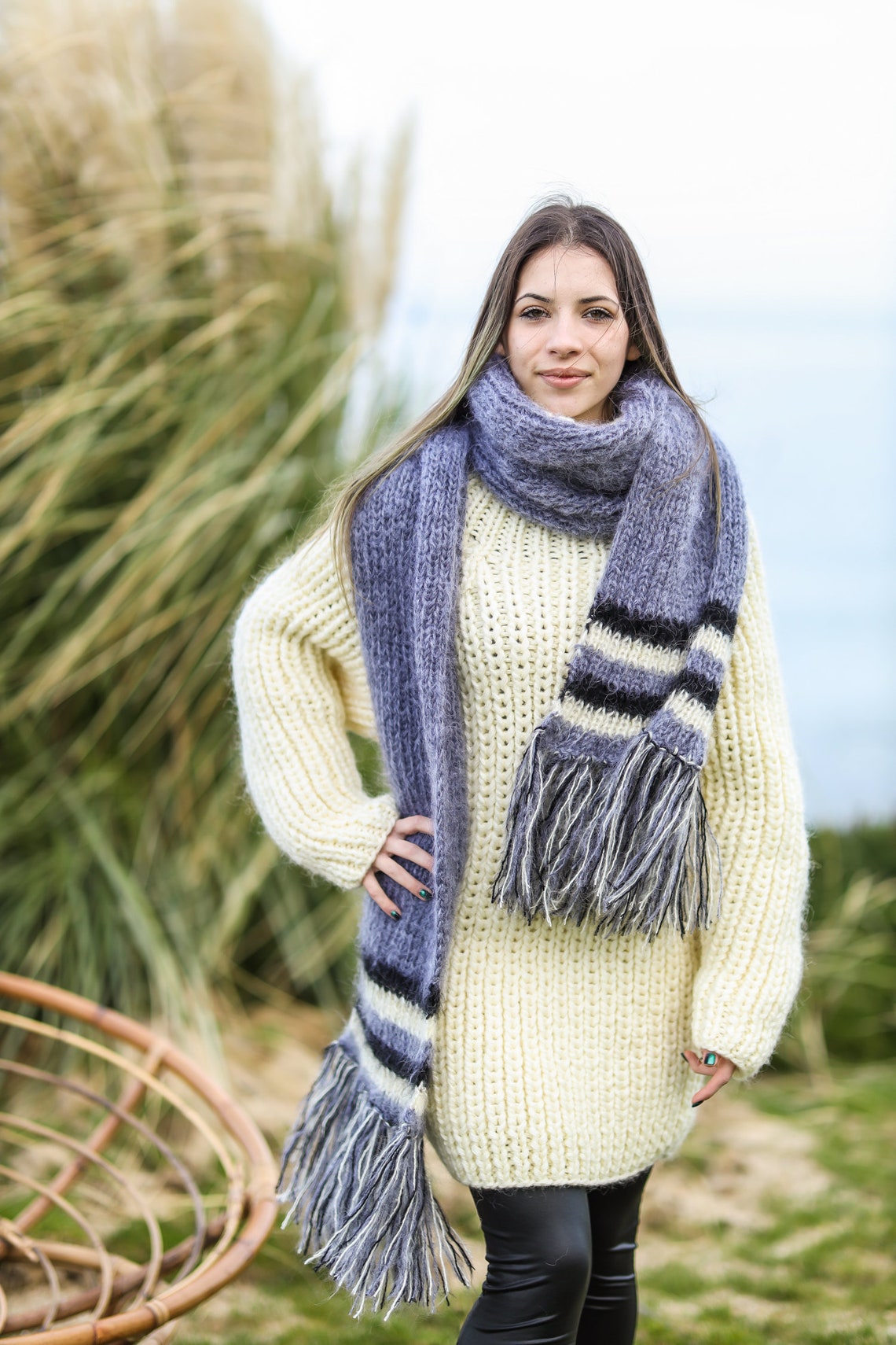 Extra Long Mohiar Scarf, Fluffy Knit Scarf, Super Chunky Scarf, Grey ...