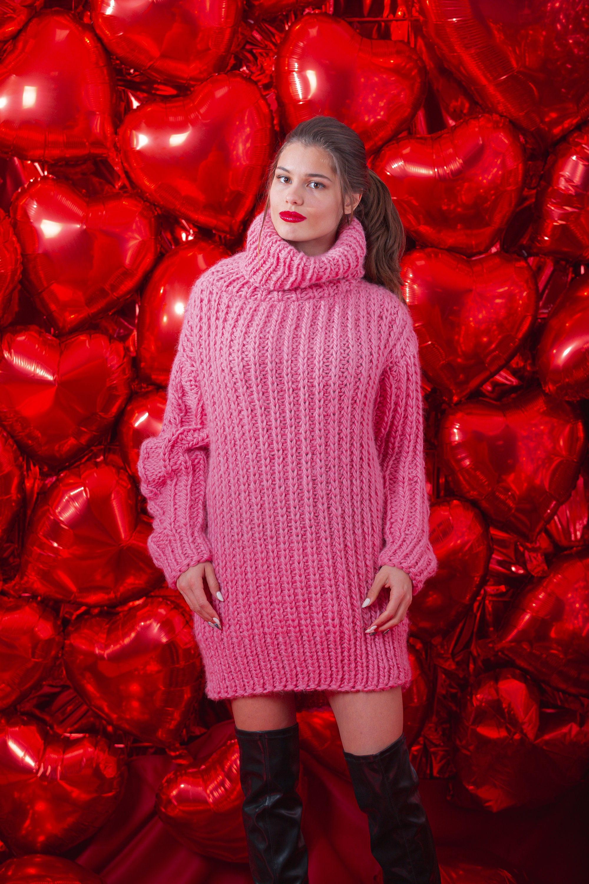 Pink Wool Sweater, Cabke Knit Sweater, Turtleneck Knit Pullover ...