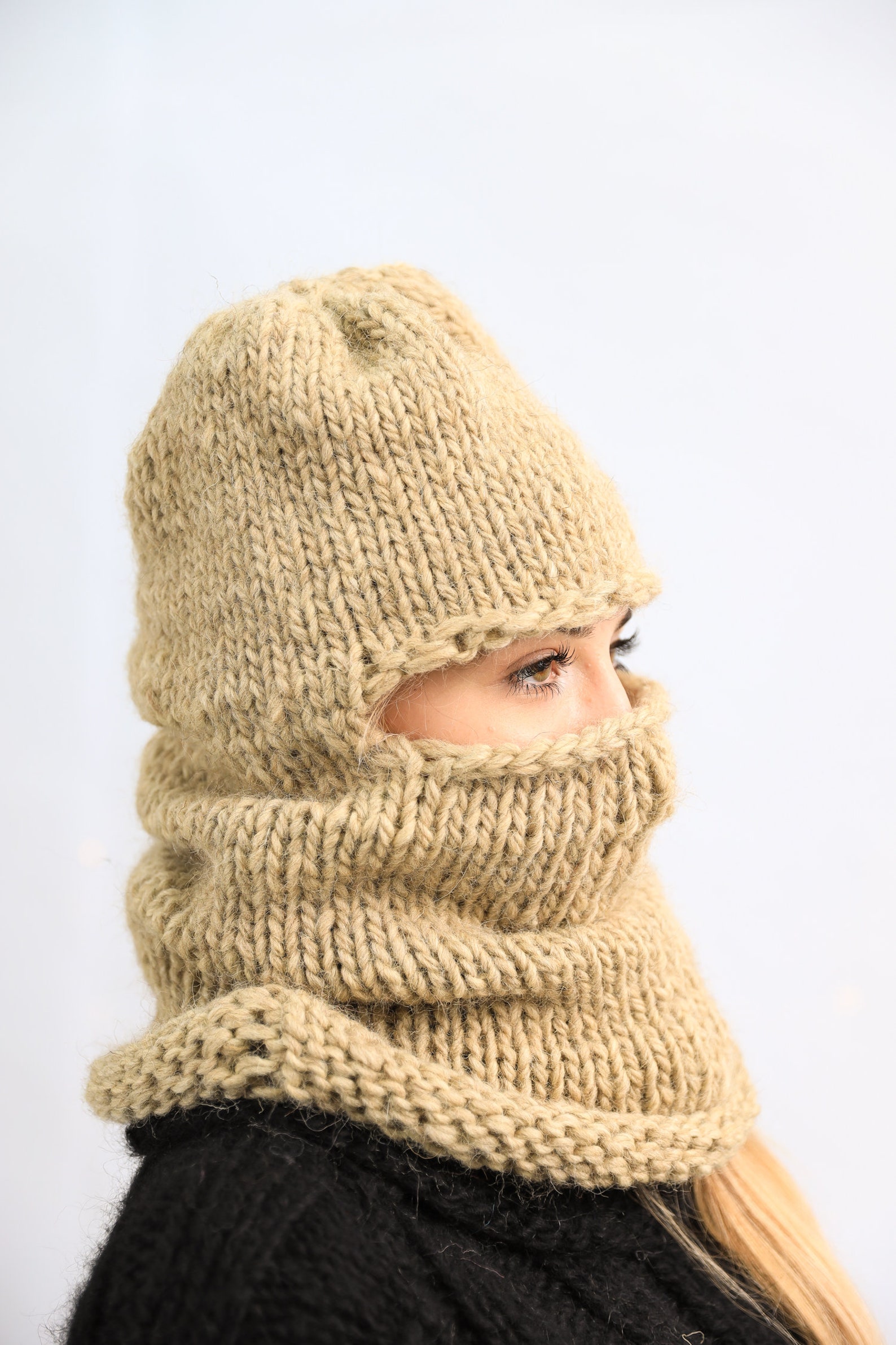 Row Wool Balaclava, Knit Balaclava, Wool Slouchy Beanie, Full Face Knit ...