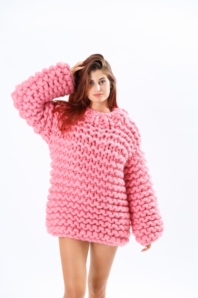 Chunky Pink Wool Sweater , Turtleneck Wool Sweater, Bulky Sweater ...