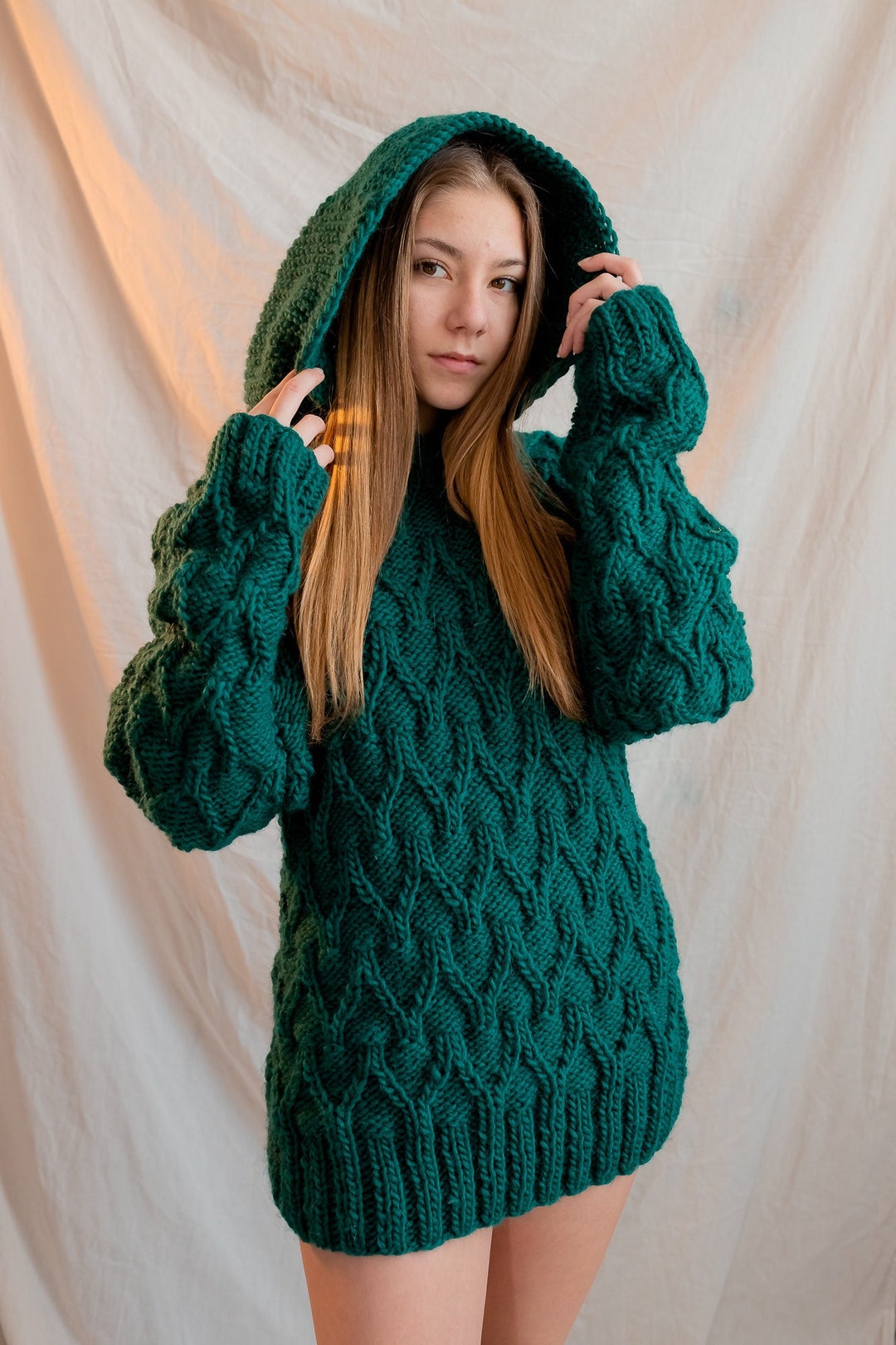 Hoodie Wool Sweater , Natural Turtleneck Wool Sweater, Knit Pullover ...