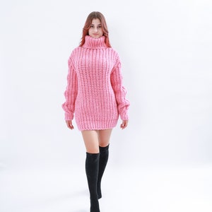 Pink Wool Sweater, Turtleneck Knit Pullover, Oversized Chunky Sweater ...
