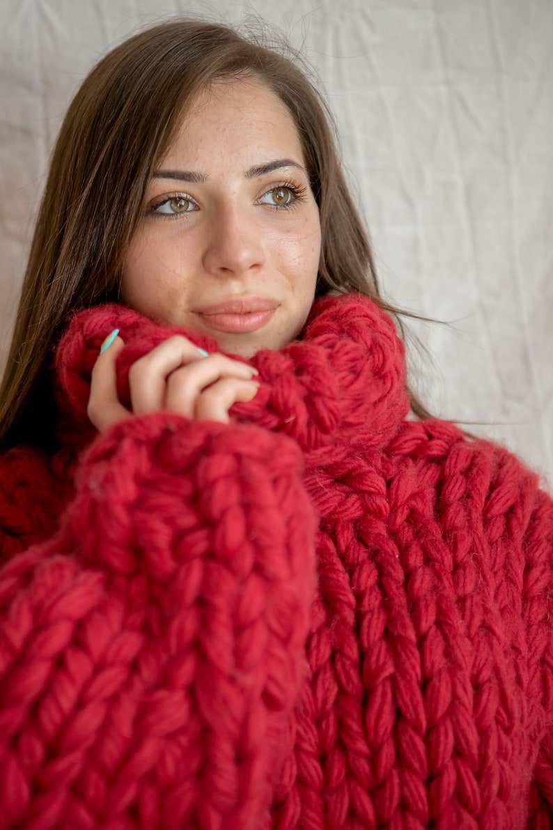 Red Chunky Sweater, Wool Pullover, Turtleneck Sweater, Winter Sweater ...
