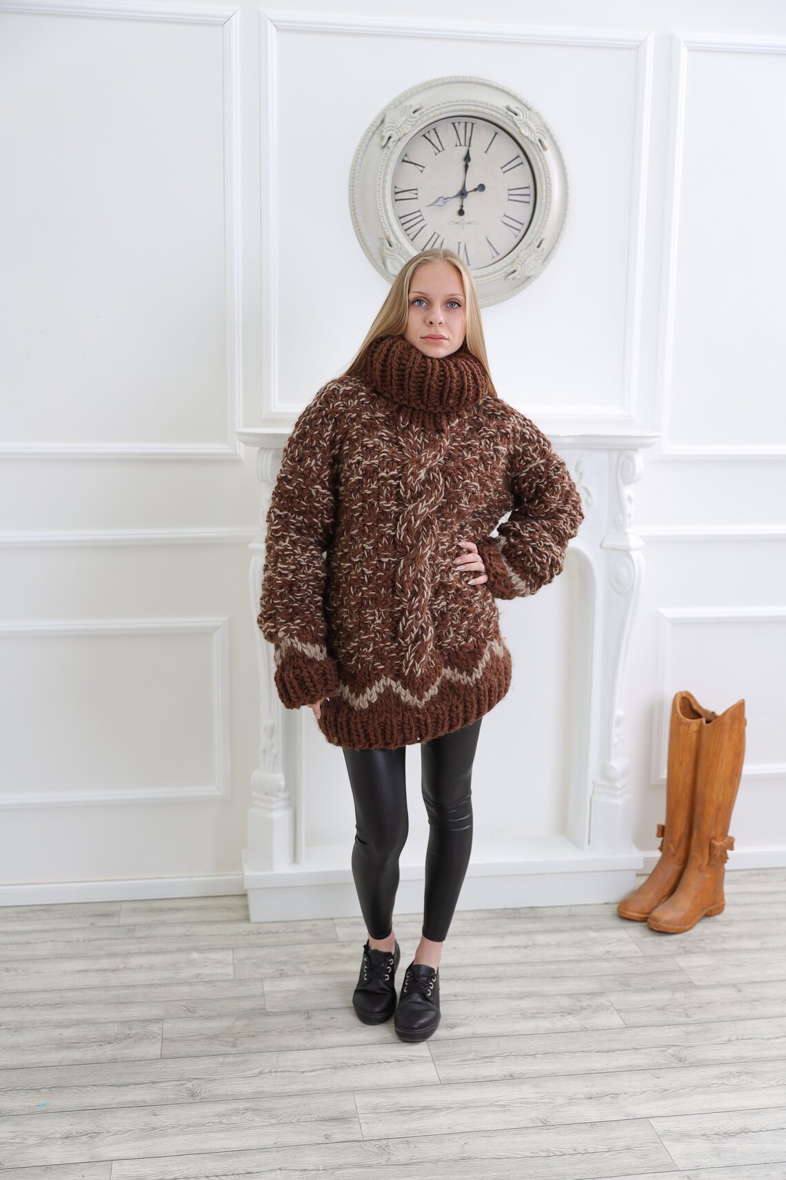 Women Wool Sweater, Chunky Knit Jumper, Brown Melange Pullover, Plus ...