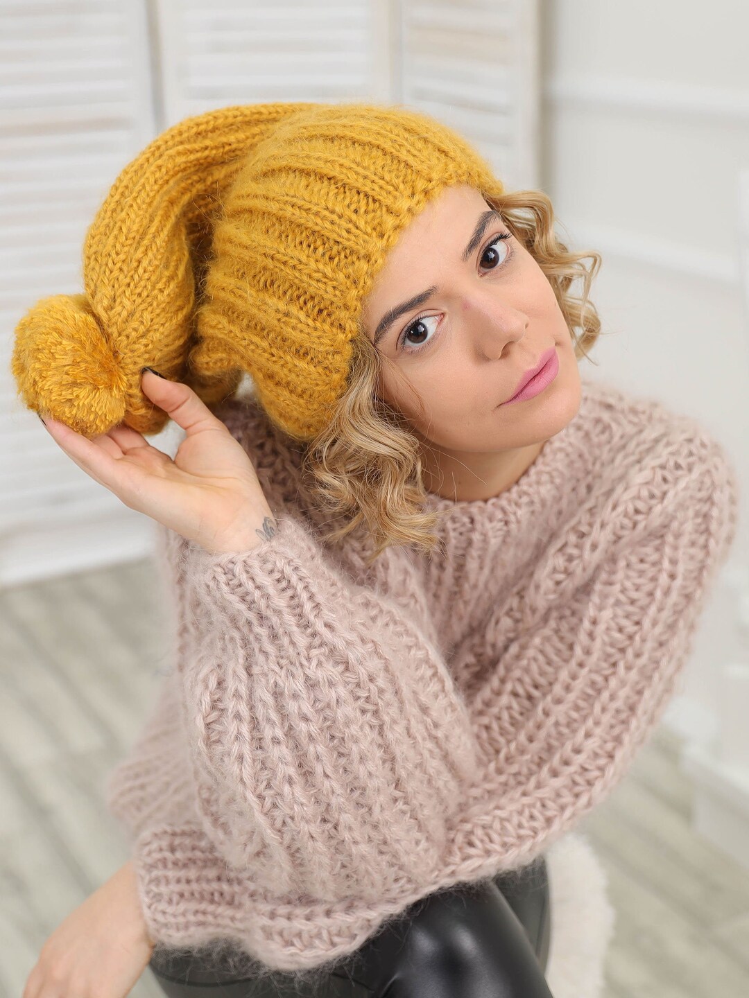 Ready to Ship Mohair Hat ,yellow Beanie Hat, Knit Beanie Hat, Warm ...