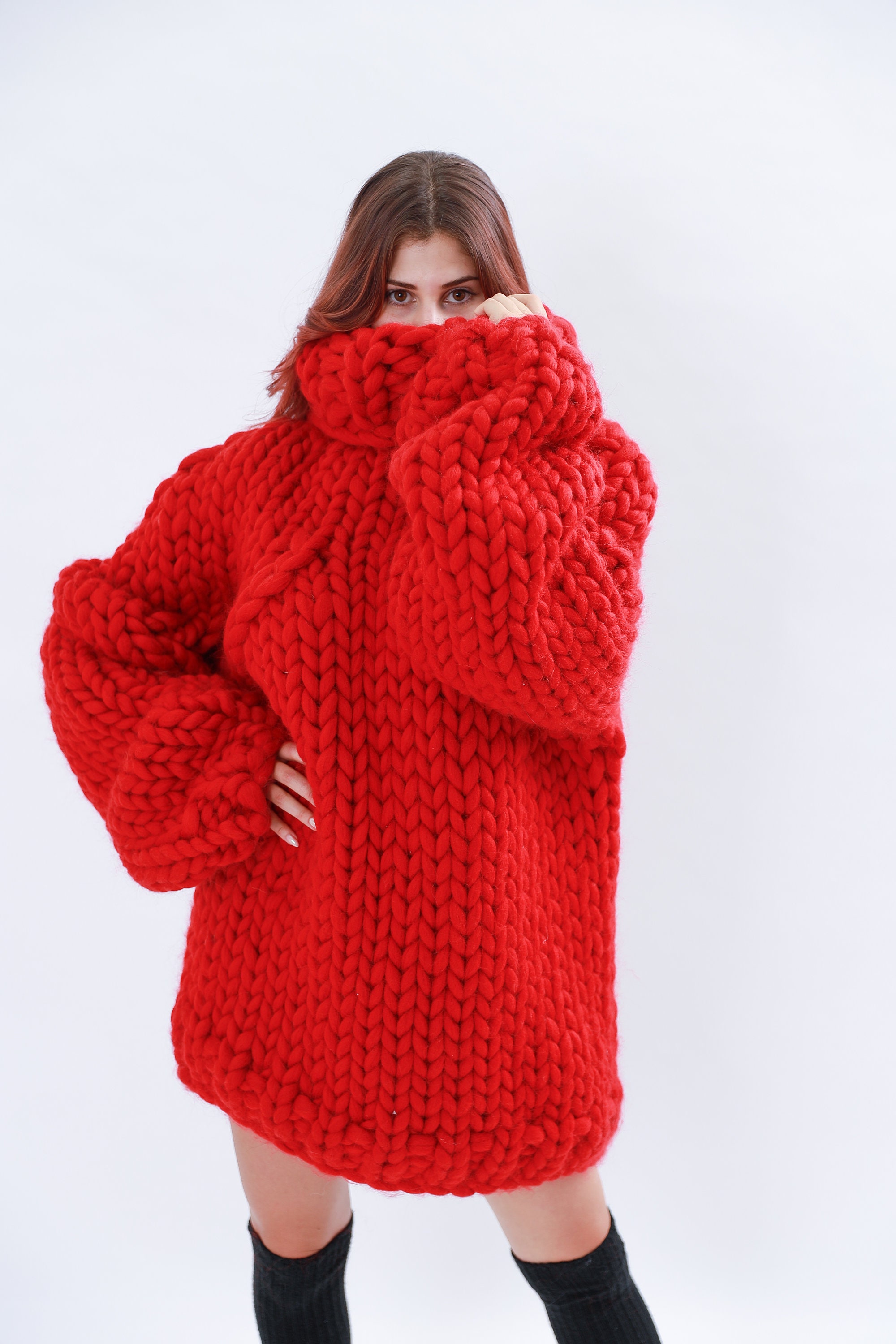 Merino Wool Sweater Giant Turtleneck Red Bulky Sweater - Etsy