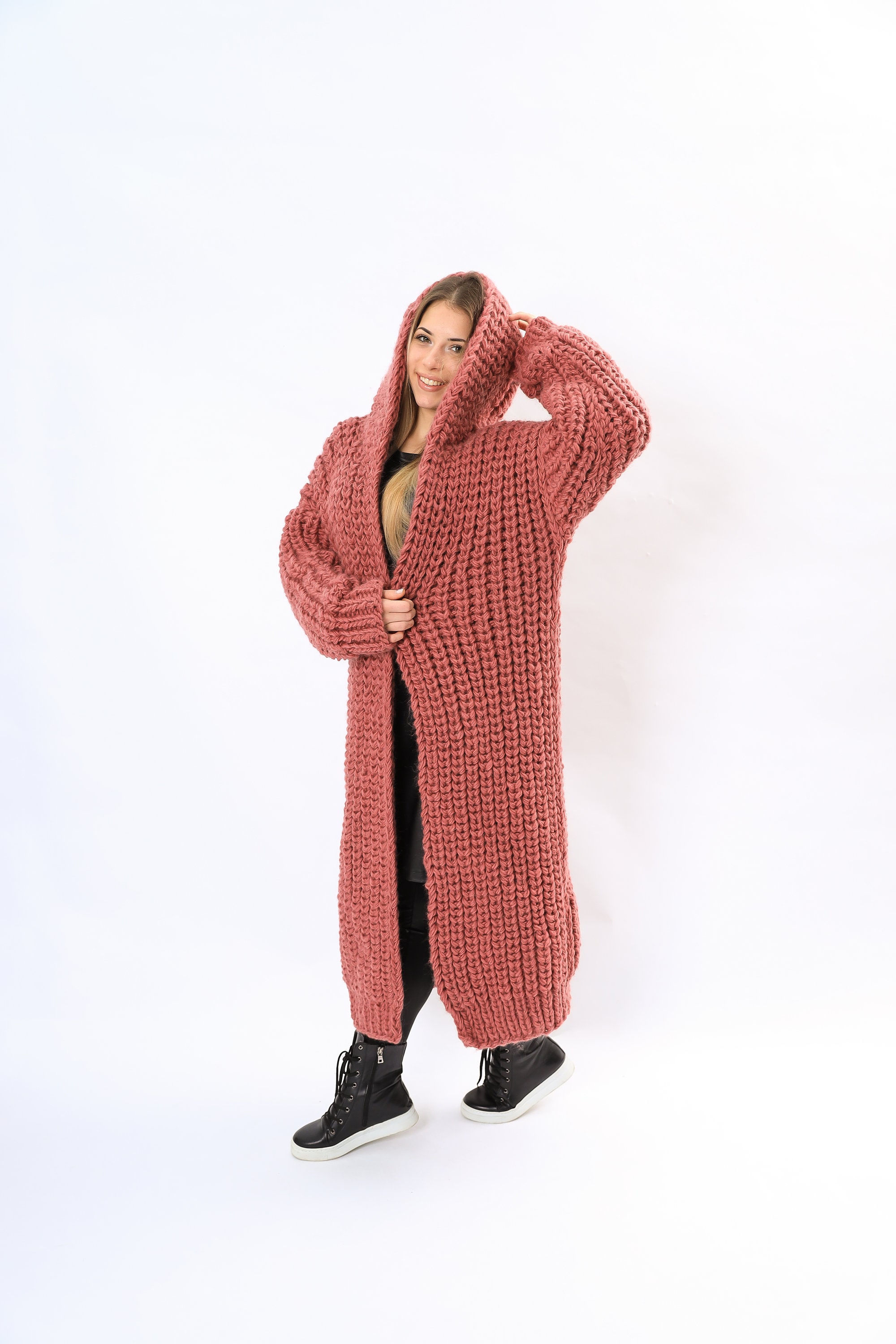 Hoodie Knit Cardigan 100% Wool Cardigan Wool Long Cradigan | Etsy