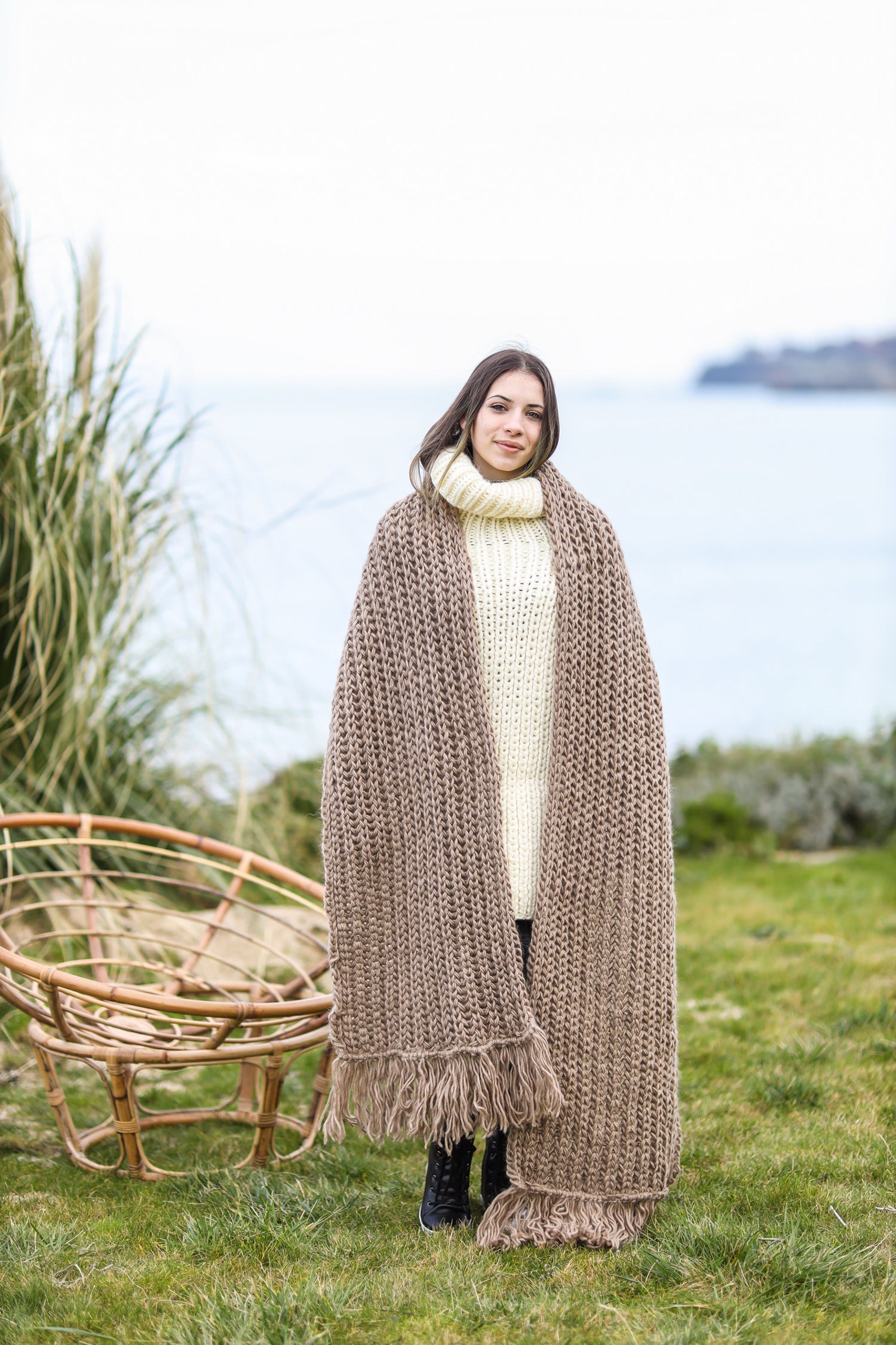 Wool Knit Scarf Beige Long Scarf Wide Wool Scarf Hand - Etsy