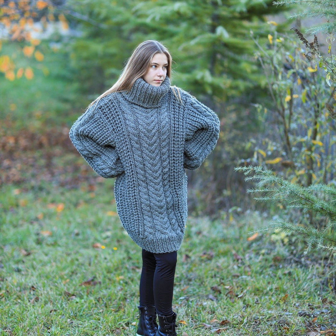 Long Wool Sweater, Oversized Wool Pullover, Cable Knit Sweater ...