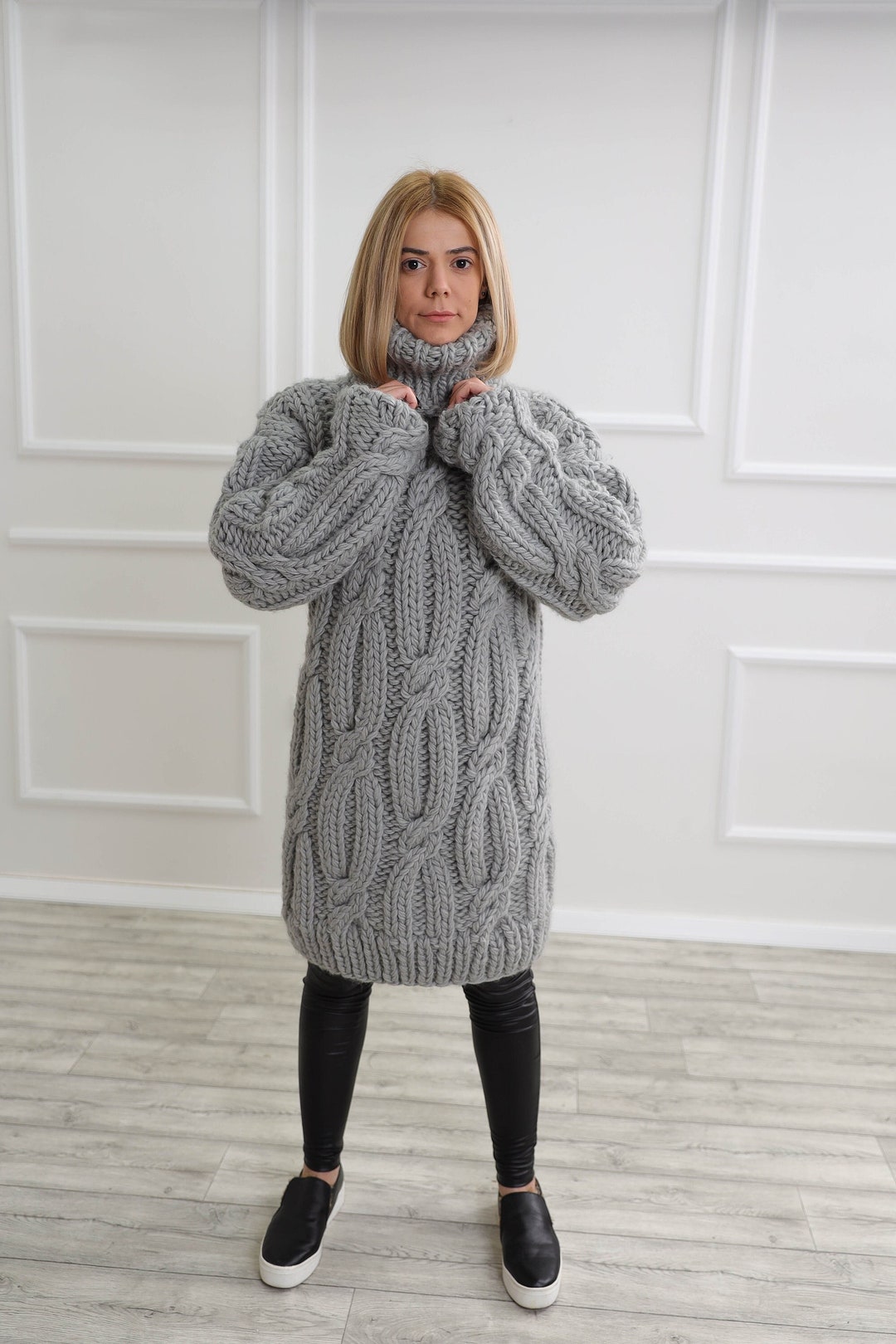 Wool Knit Sweater, Turtleneck Jumper, Chunky Aran Sweater, Gray Mohair ...