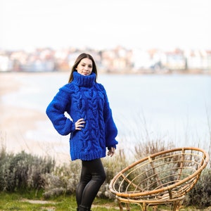 Royal Blue Knit Sweater, Wool Pullover, Giant Turtleneck Sweater ...