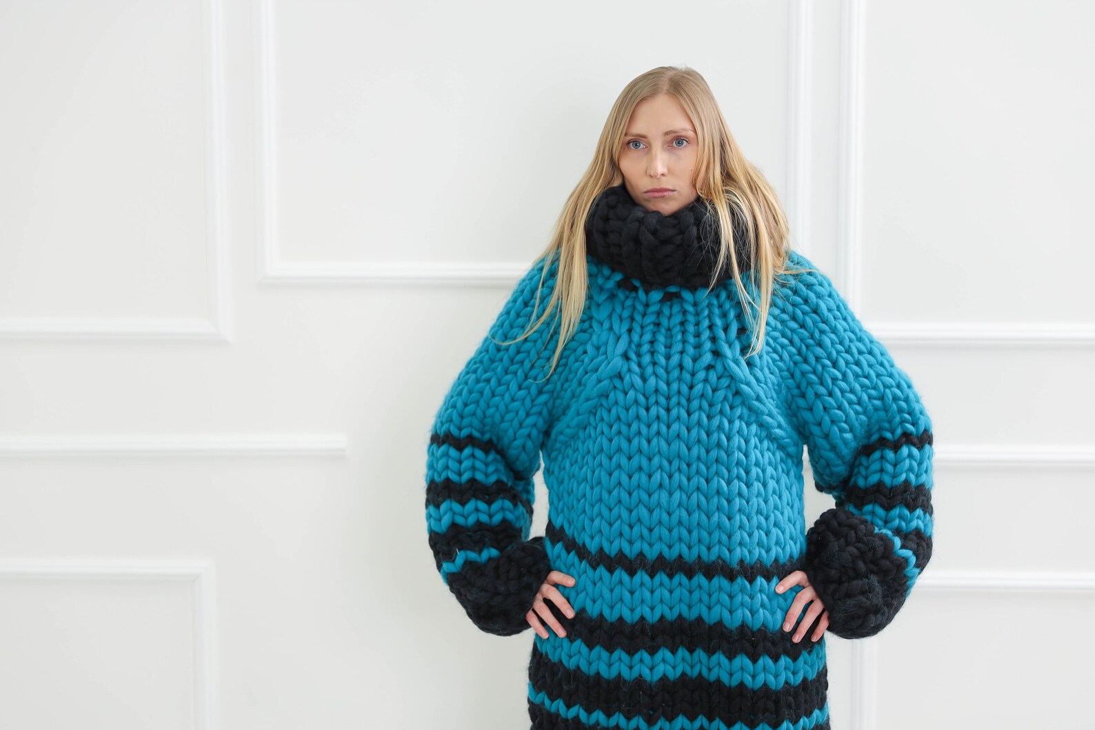 Chunky Blue Knit Sweater , Turtleneck Wool Sweater, Bulky Sweater ...
