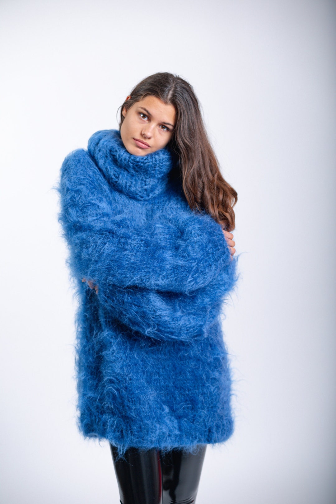 Super Fluffy Mohair Sweater Blue Jumper Mohair Turtleneck Sweater