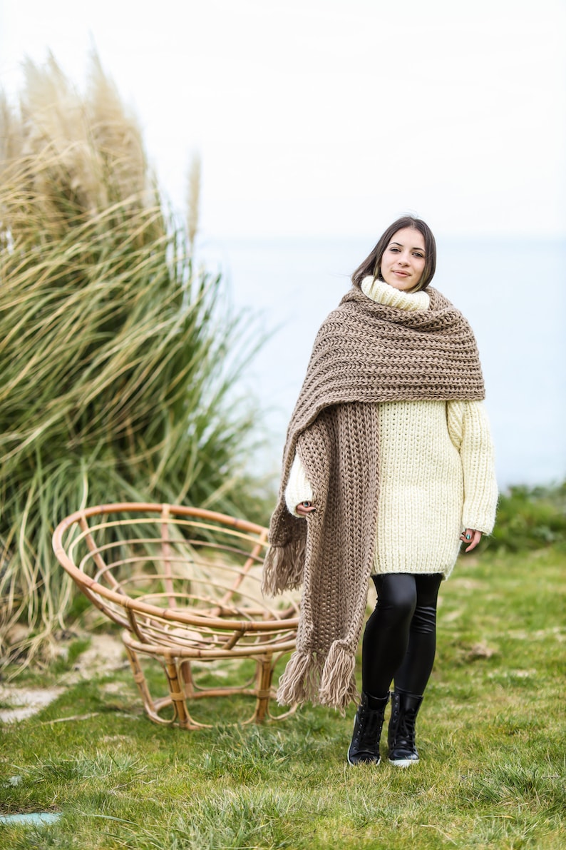 Wool Knit Scarf, Beige Long Scarf, Wide Wool Scarf, Hand Knitted Wool ...
