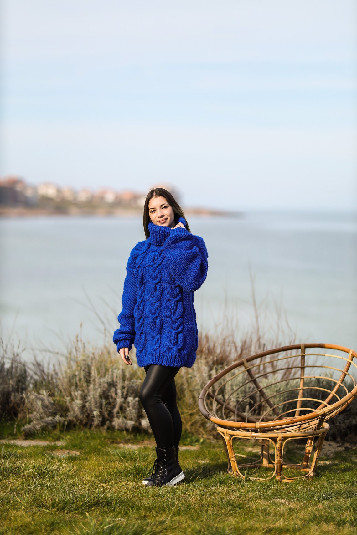 Royal Blue Knit Sweater, Wool Pullover, Giant Turtleneck Sweater ...