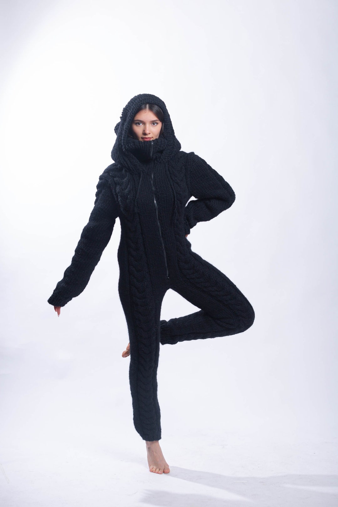 Magnetic Hand Knitted Black Zipper Wool Cable Catsuit With Turtleneck ...