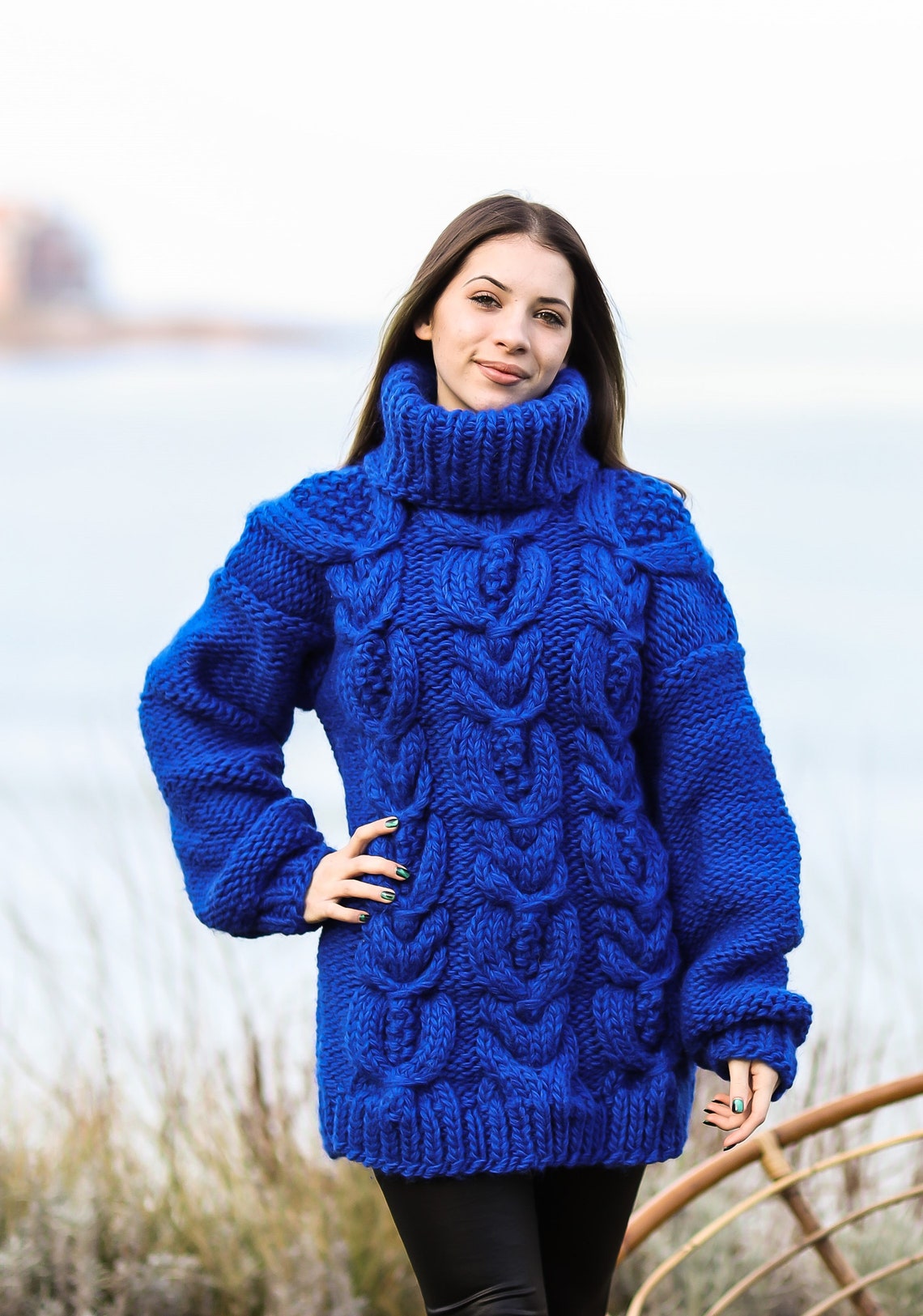 Royal Blue Knit Sweater, Wool Pullover, Giant Turtleneck Sweater ...