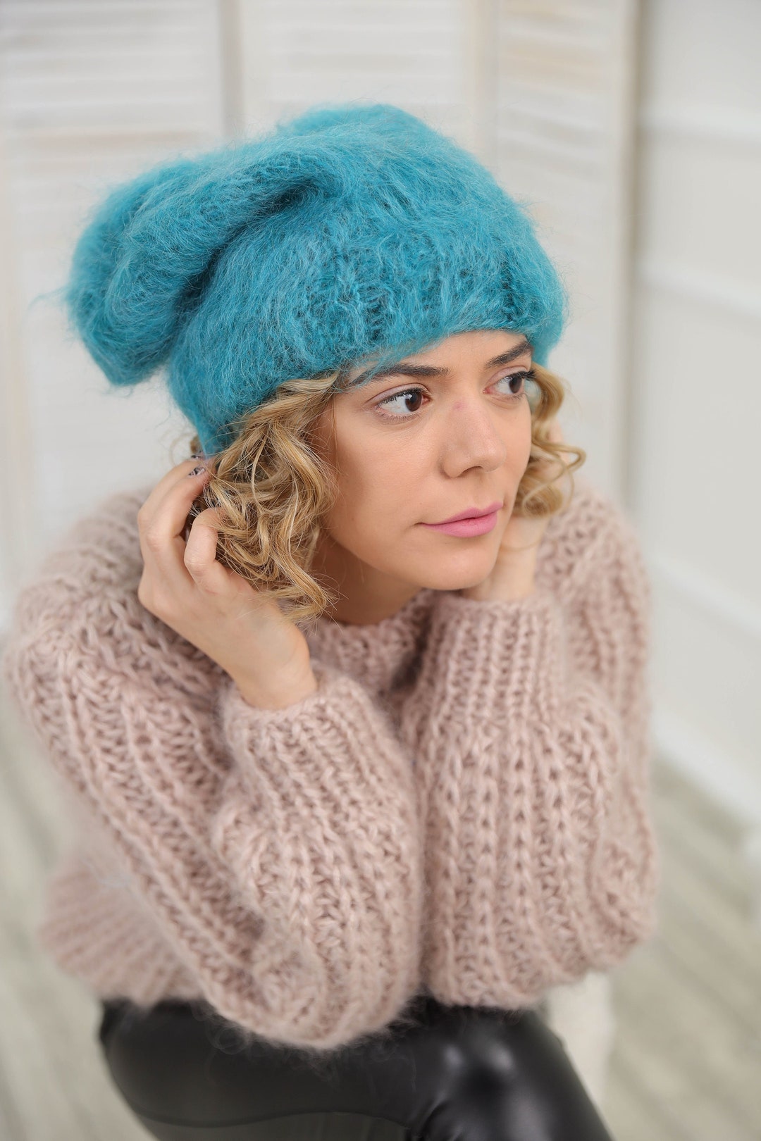Bonnet Fluffy Mohair Slouchy, bonnet en tricot Mohair, bonnet chaud ...