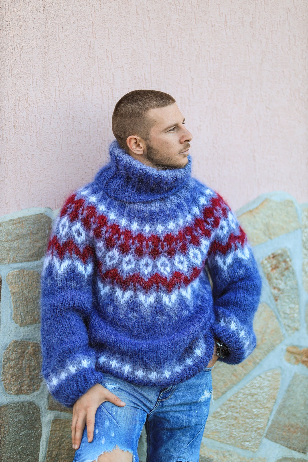 Giant Chunky Man Sweater, Winter Turtleneck Pullover for Man, Icelandic ...