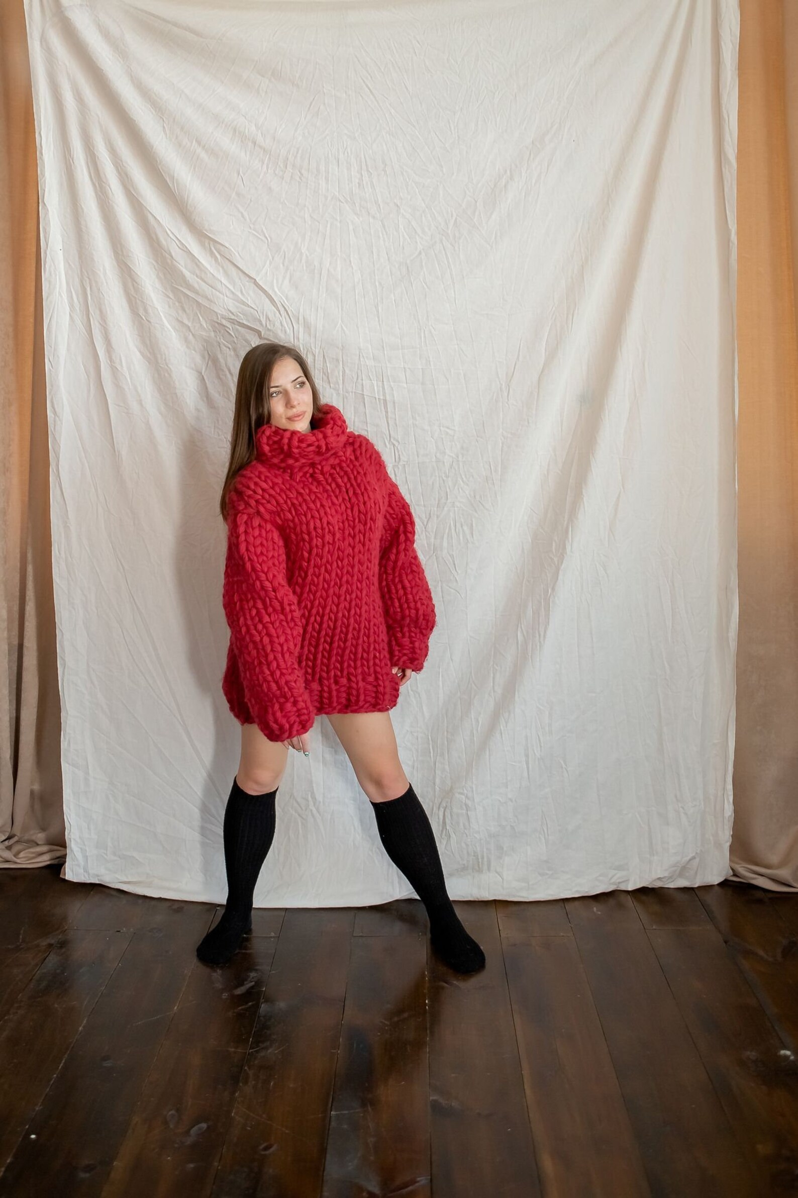 Red Chunky Sweater, Wool Pullover, Turtleneck Sweater, Winter Sweater ...