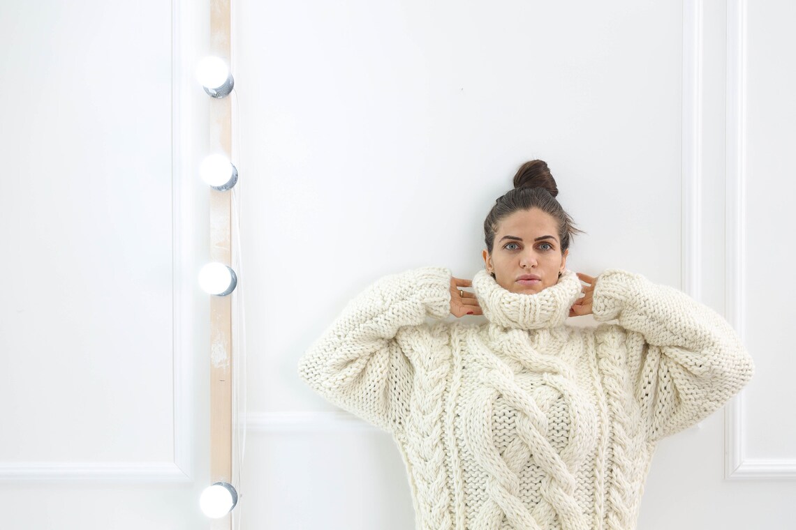 Cable Knit Sweater Wool Turtleneck Sweater Beige Oversize - Etsy