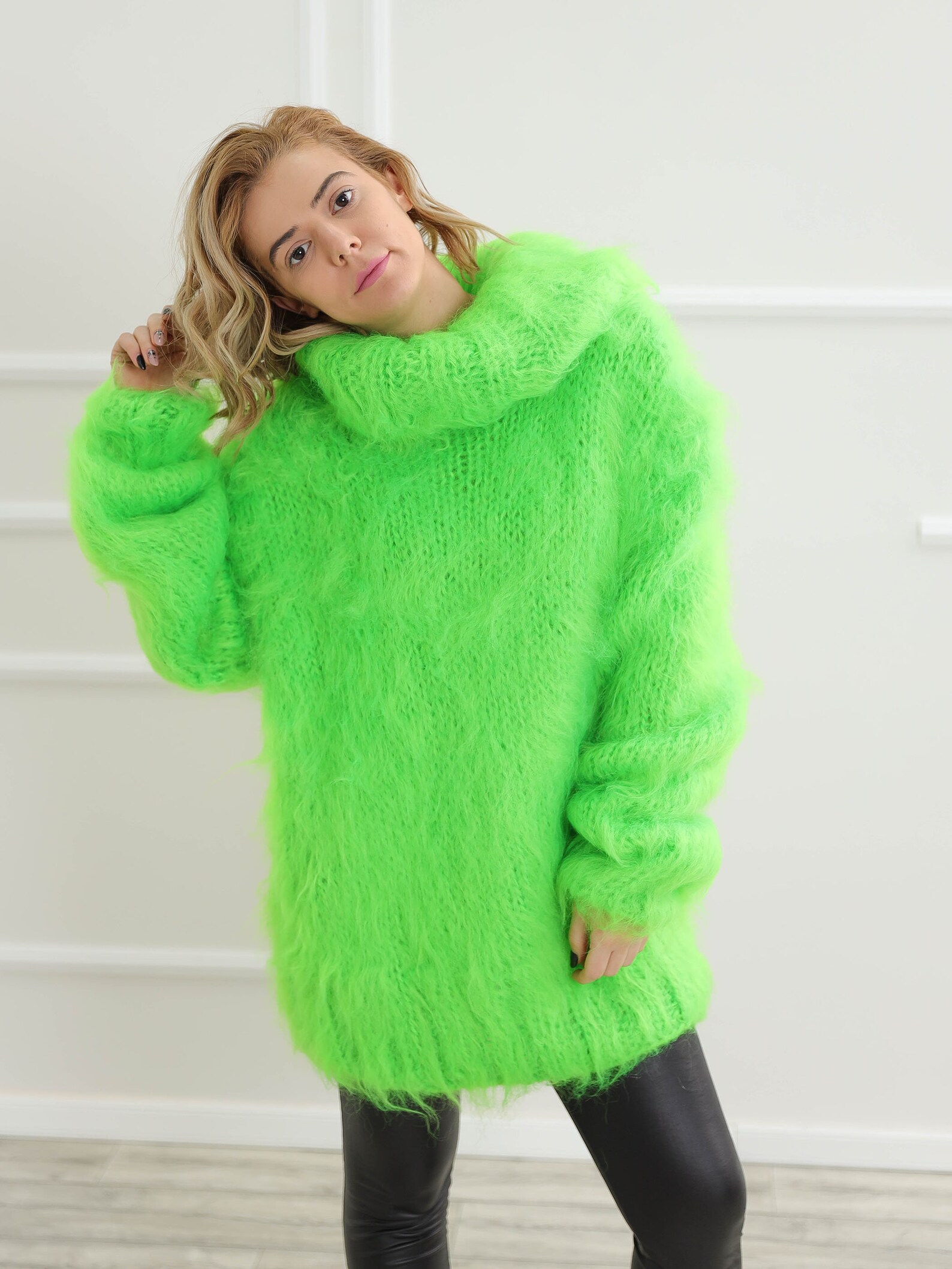 Oversized Fluffy Mohair Sweater Green Turtleneck Mohair | Etsy