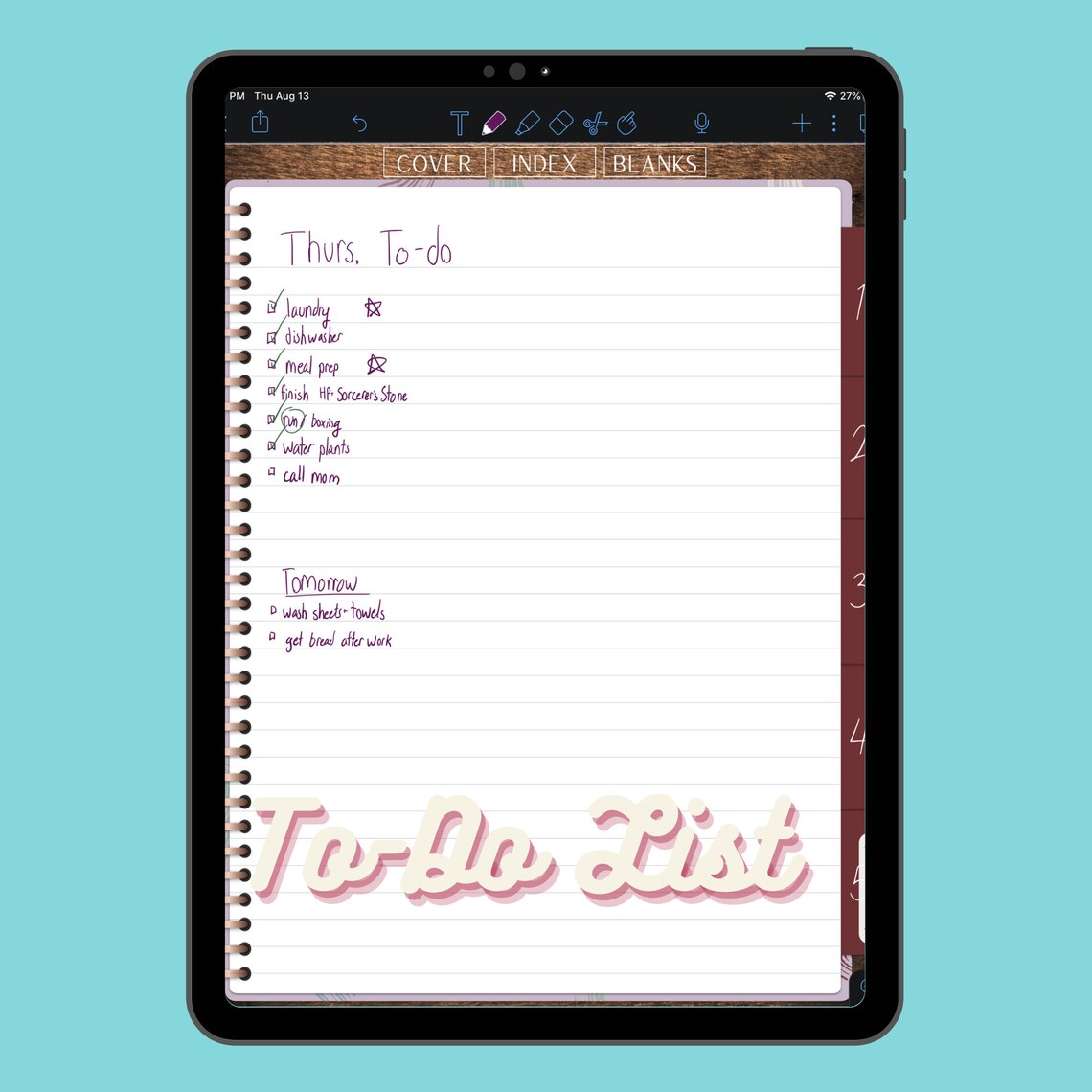 Purple Digital Notebook With Lined Paper, Five Tabs, Clickable Links ...
