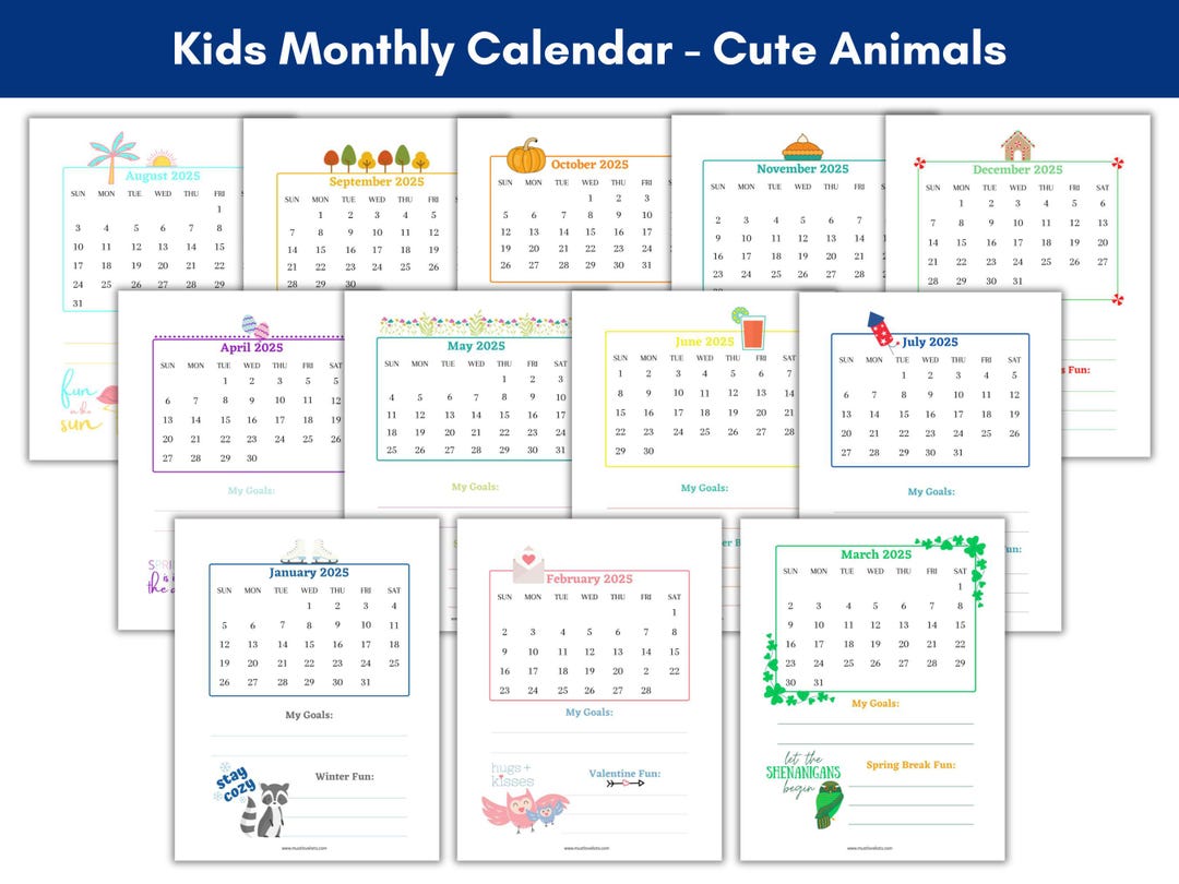 Monthly Cute Animal Calendar for Kids 2025, Printable Kids Calendar ...