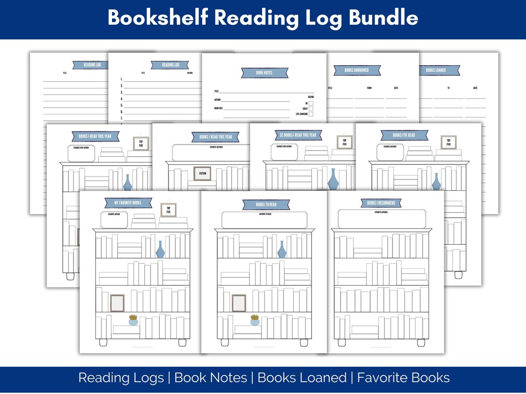 Reading Log Bundle, Book Lover Bundle, Book Notes, Bookshelf List (blue ...