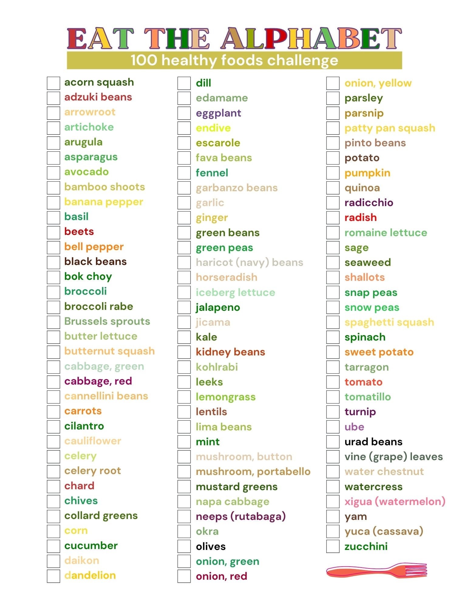 Eat the Alphabet Healthy Food Challenge: A-Z Printable List (digital ...