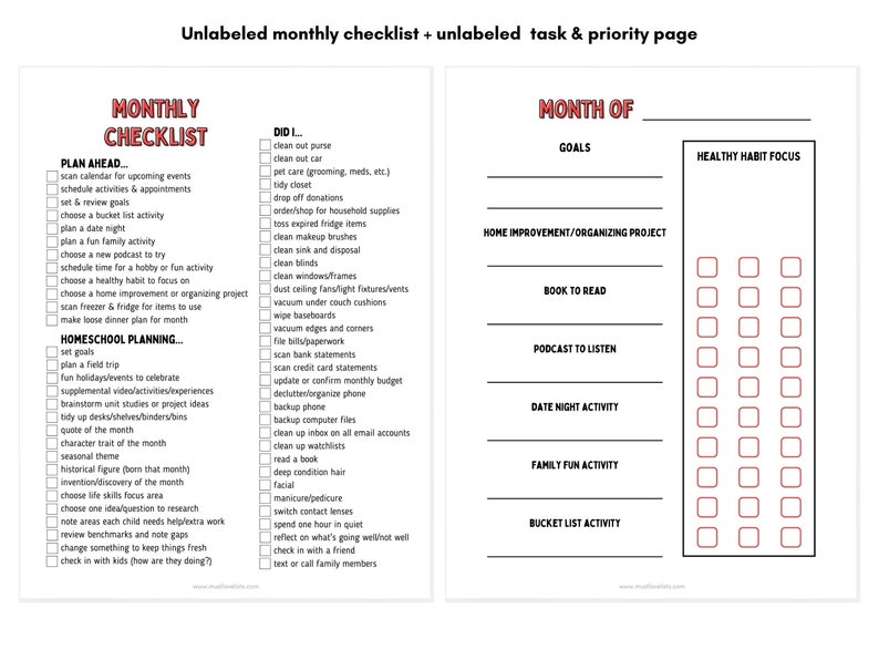 Monthly Checklists for Homeschooling Moms, Household Task Checklist ...