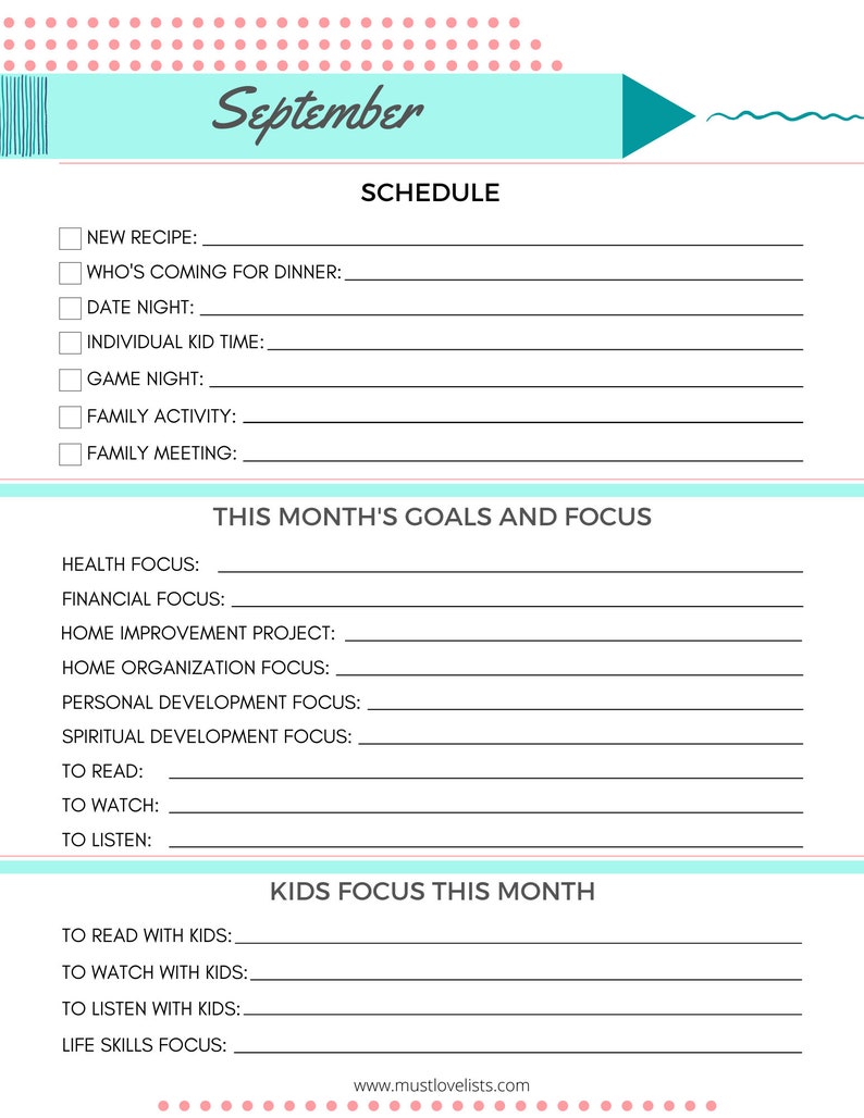 Monthly Focus Lists | Goal List | Monthly Schedule | Monthly Activities ...
