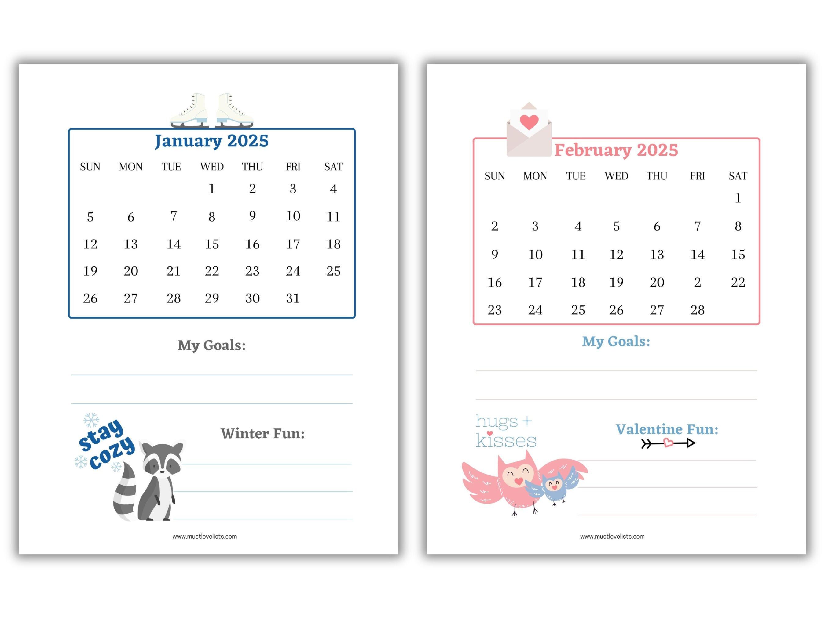 Monthly Cute Animal Calendar for Kids 2025, Printable Kids Calendar ...